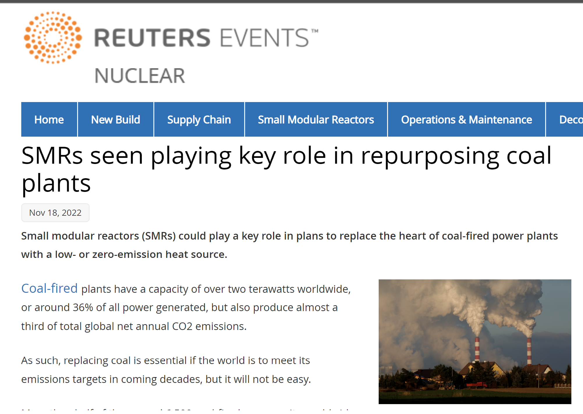 SMRs seen playing key role in repurposing coal plants